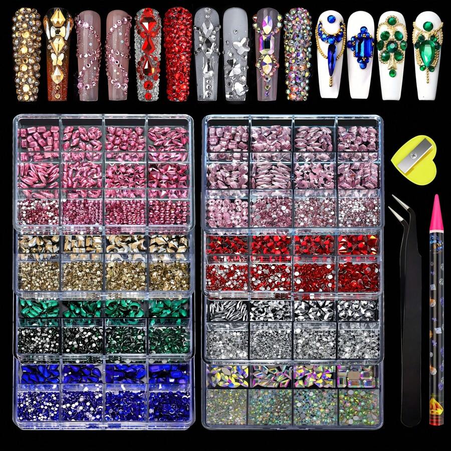 12-Grid Nail Art Rhinestones Kit, Sparkling 8-Color Synthetic Gemstones ...