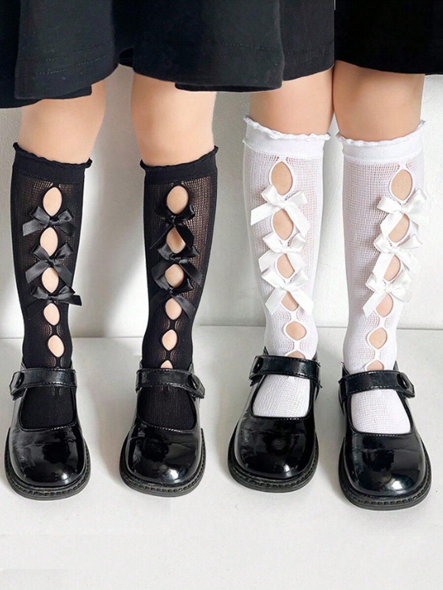 2 Pairs Baby Girls Lolita Bow Socks Girl Bow Calf Socks Cute High Girls ...