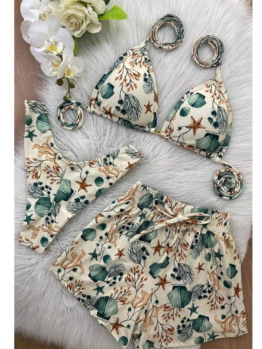 Biquini feminino 3 peças em poliamida, modelo cortininha ajustável com ...