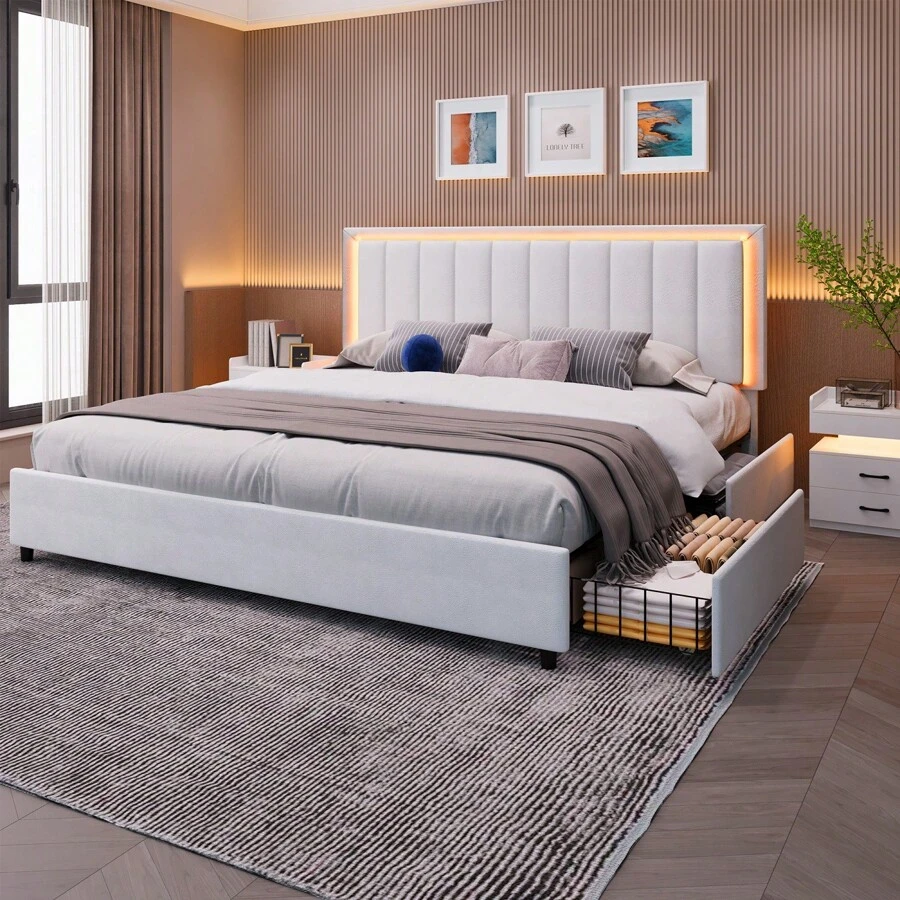 HOMBCK LED Bad Frame With 4 Drawers, Modern Bed Frame With Headboard ...