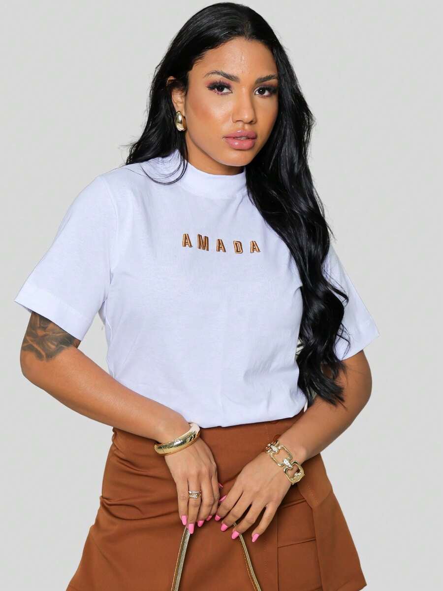 SILK ROUTE Gola Alta Bordado Alto Relevo Amada 100% Algodão | SHEIN Brasil