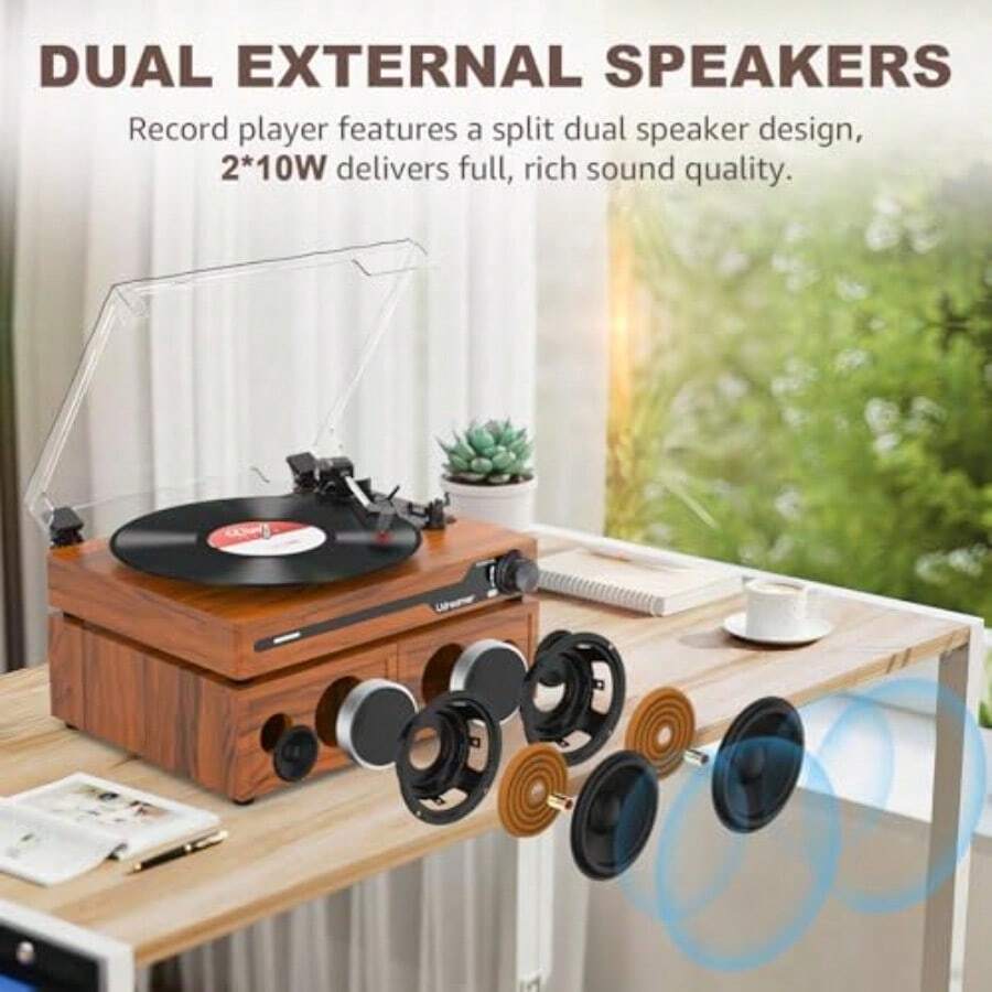 Udreamer Record Player Vintage Turntable Bluetooth 5.3 3 Speed Dual Stereo Speakers AUX-In RCA ...