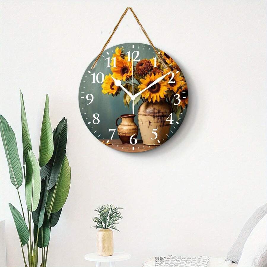 Rustic Sunflower & Vintage Pitcher Design Wooden Wall Clock ...