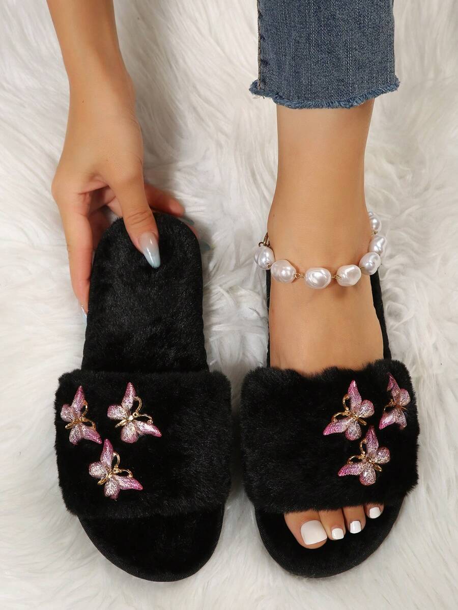 Fuzzy Butterfly Decor Slip-On Slippers For Women, Indoor/Outdoor Fluffy ...