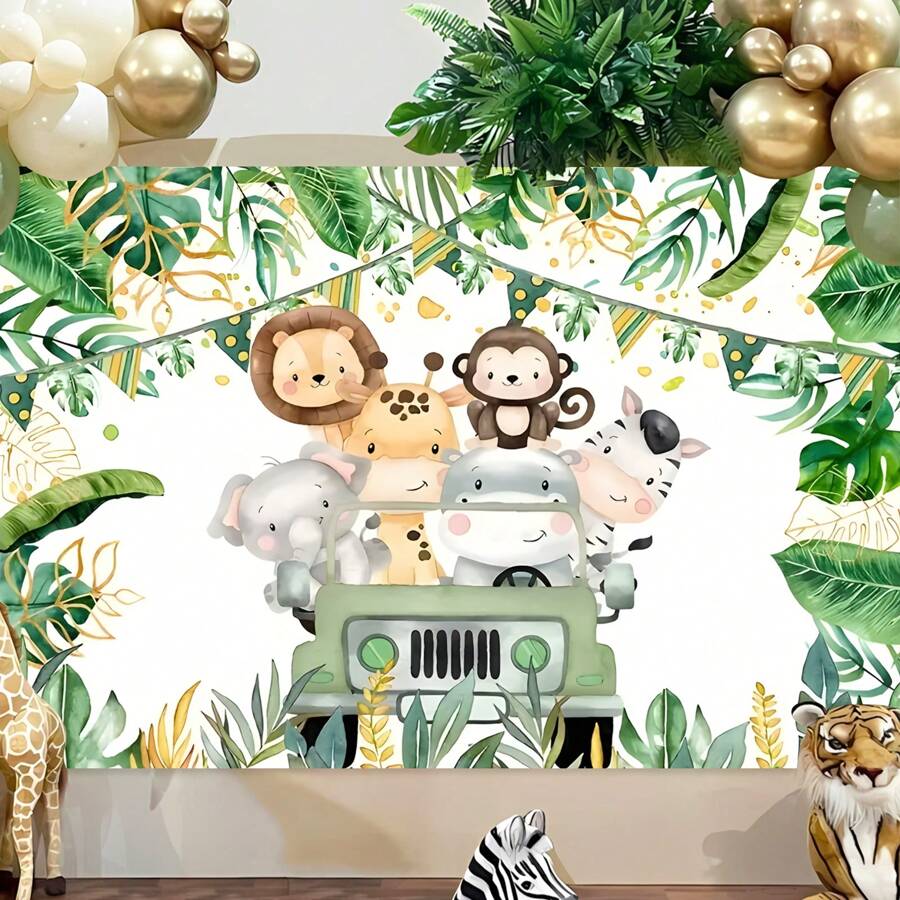 Wild Animal Themed Birthday Party Backdrop, Green Forest Cute Small ...