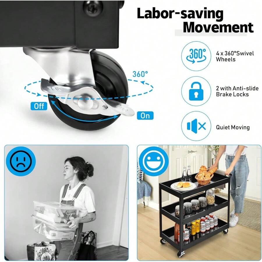 SXDCFVGB 3 Tier Utility Cart, Heavy Duty Metal Rolling Cart On Wheels With Brake, 330LBS ...