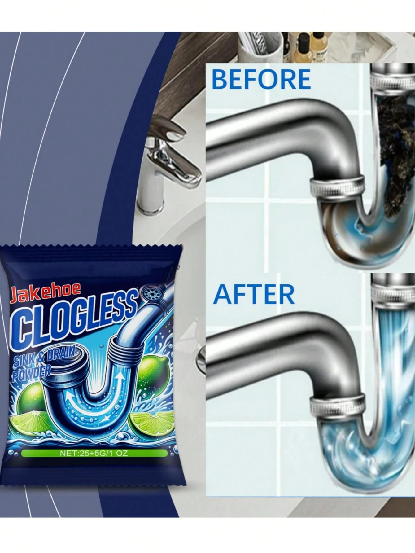 Pipe Drain Cleaner Powder For Bathroom And Kitchen, Unclogs Drains ...