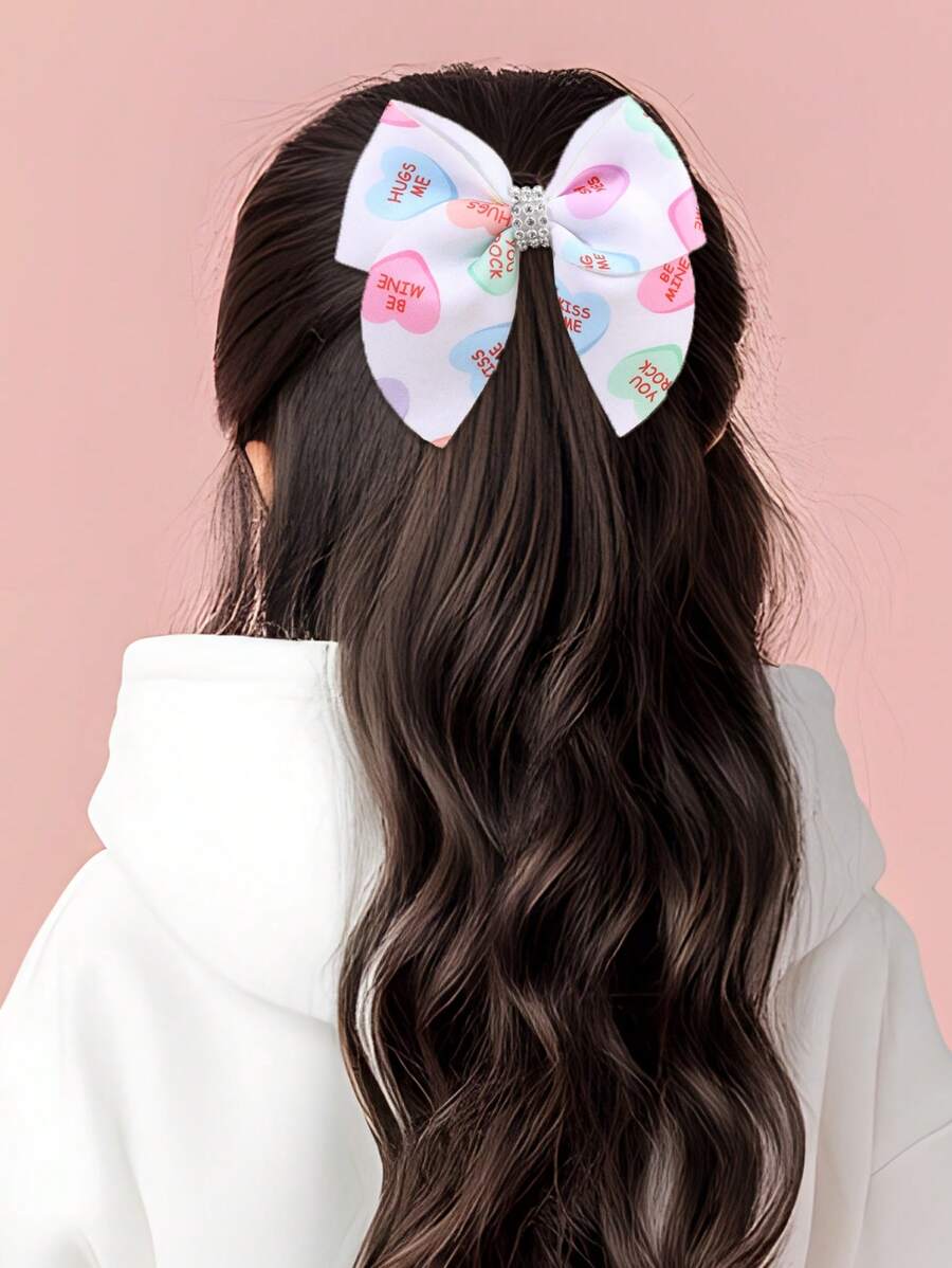 2pcs Valentine's Bow Hair Clips For Girls,Fabric Heart Print Hair Bows ...