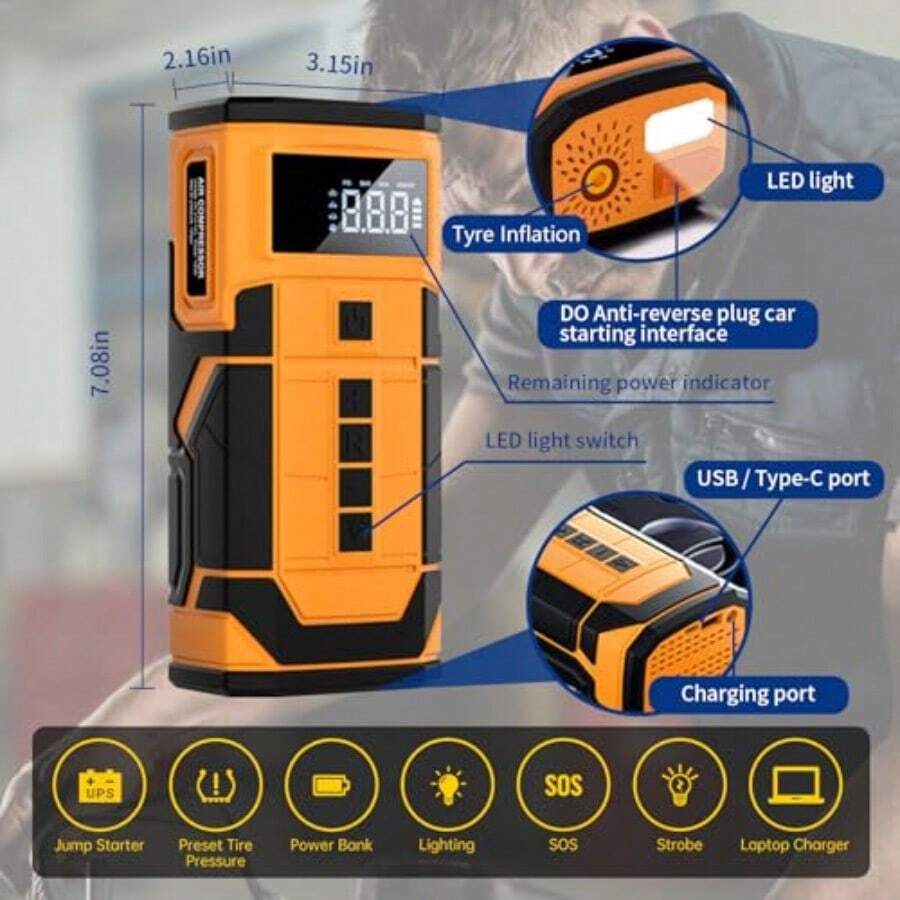 Car Battery Booster Jump Starter Power Pack 12V Auto Battery Booster Pack 2000A Peak 20000mAh ...