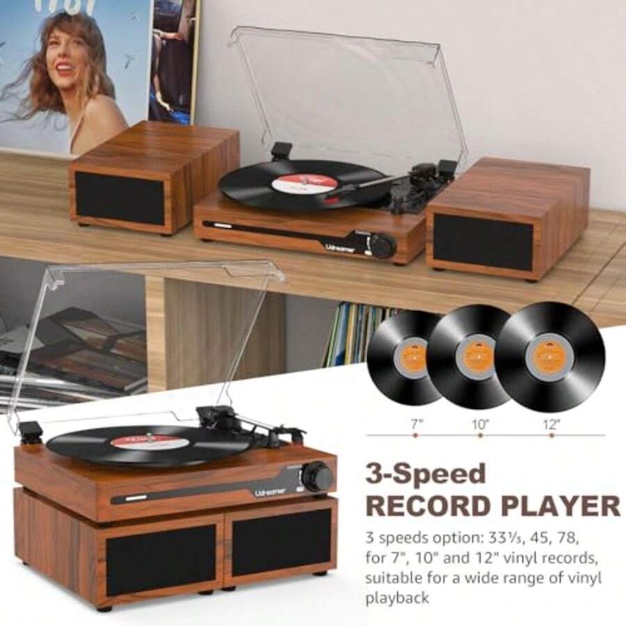 Udreamer Record Player Vintage Turntable Bluetooth 5.3 3 Speed Dual Stereo Speakers AUX-In RCA ...