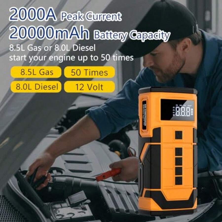 Car Battery Booster Jump Starter Power Pack 12V Auto Battery Booster Pack 2000A Peak 20000mAh ...