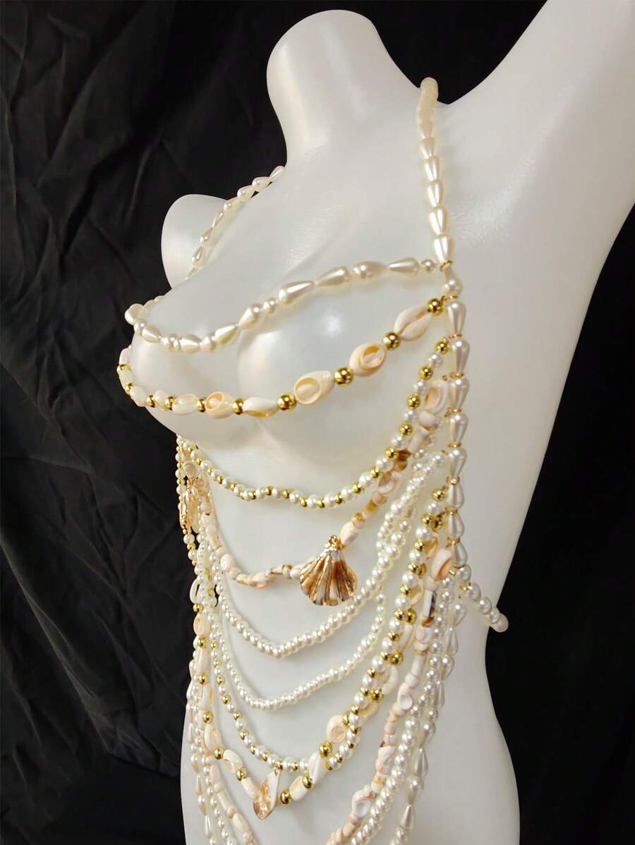 Long Pearl Chain Necklace Bra Sexy Women Beaded Shell Lingerie, Goddess ...