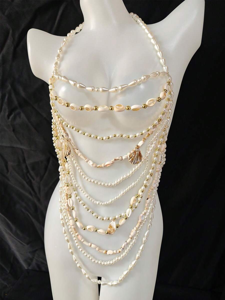 Long Pearl Chain Necklace Bra Sexy Women Beaded Shell Lingerie, Goddess ...