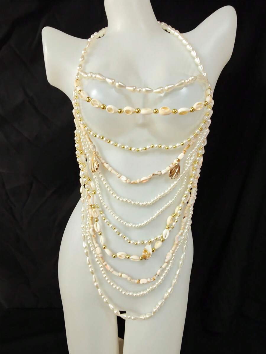 Long Pearl Chain Necklace Bra Sexy Women Beaded Shell Lingerie, Goddess ...