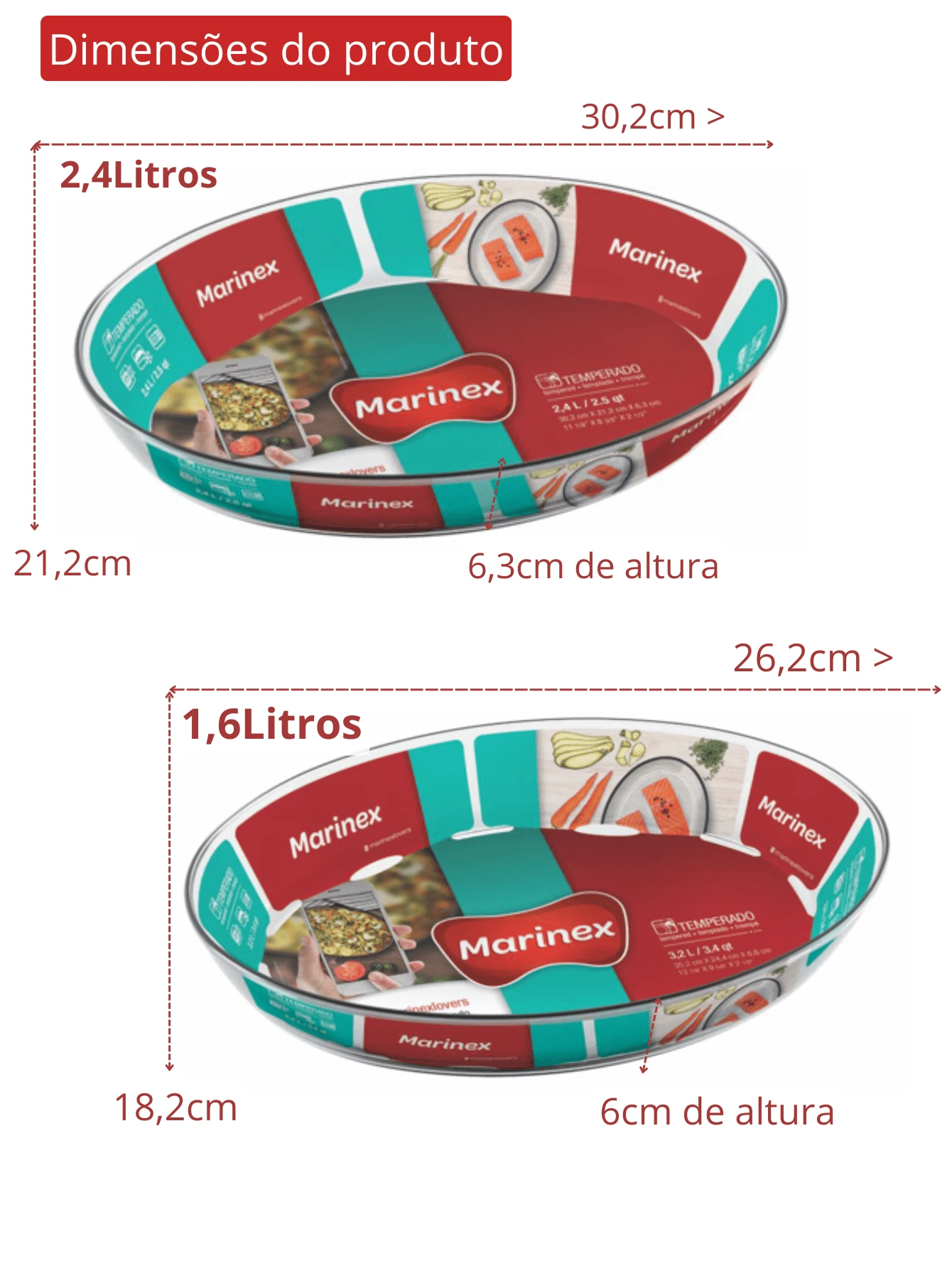Kit 02 Marinex Baking Dishes 2.4 Liters 1.6 Liters Glass Oval Lasagna ...