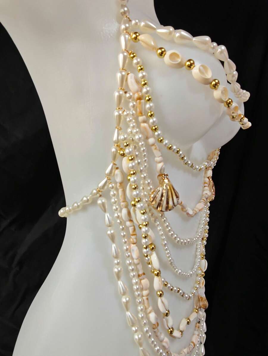 Long Pearl Chain Necklace Bra Sexy Women Beaded Shell Lingerie, Goddess ...