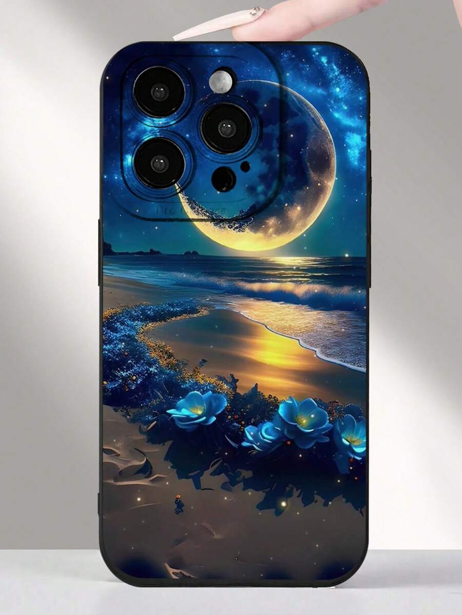 Floral Moon Painted Black Protective Phone Case Suitable Compatible ...