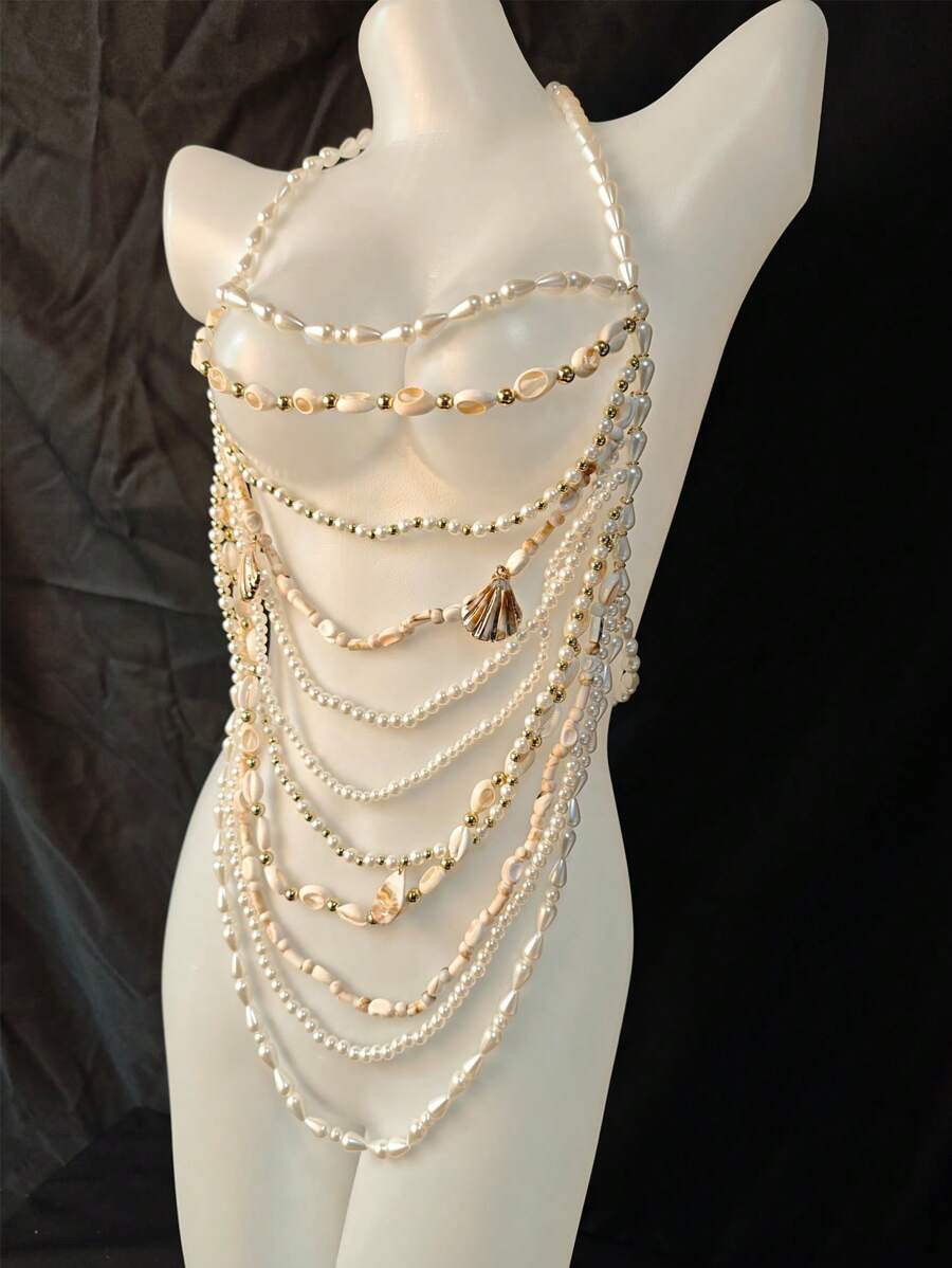 Long Pearl Chain Necklace Bra Sexy Women Beaded Shell Lingerie, Goddess ...