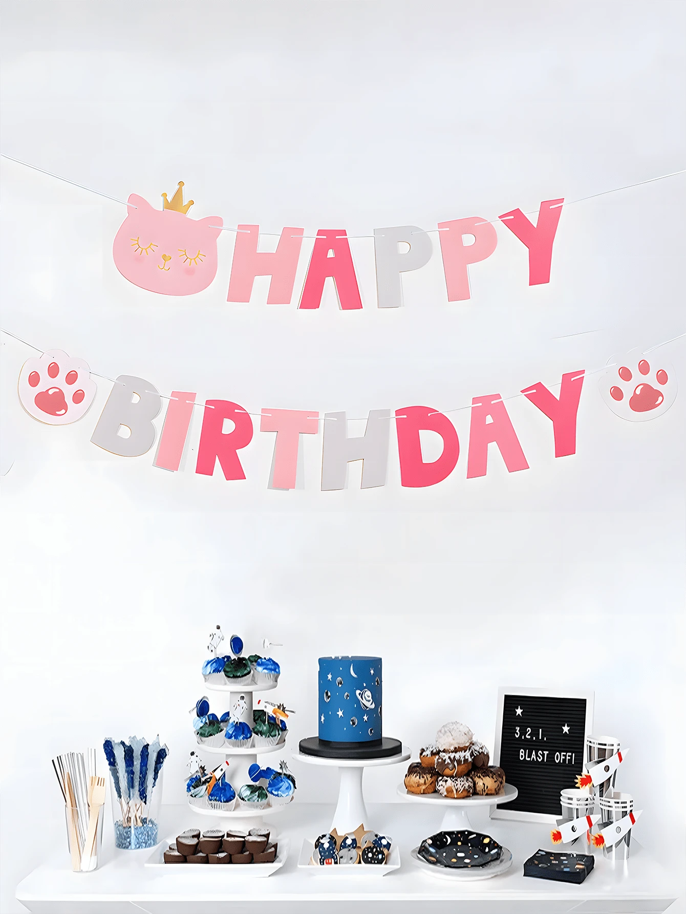 16pcs Cat Theme Happy Birthday Banner With Cute Cat Face And Paw Print ...