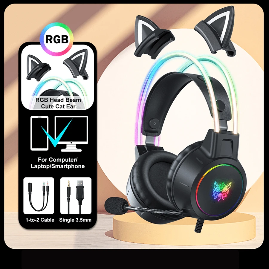 ONIKUMA X15pro Wired Gaming Headset With Cat Ear Design, LED Lighting ...