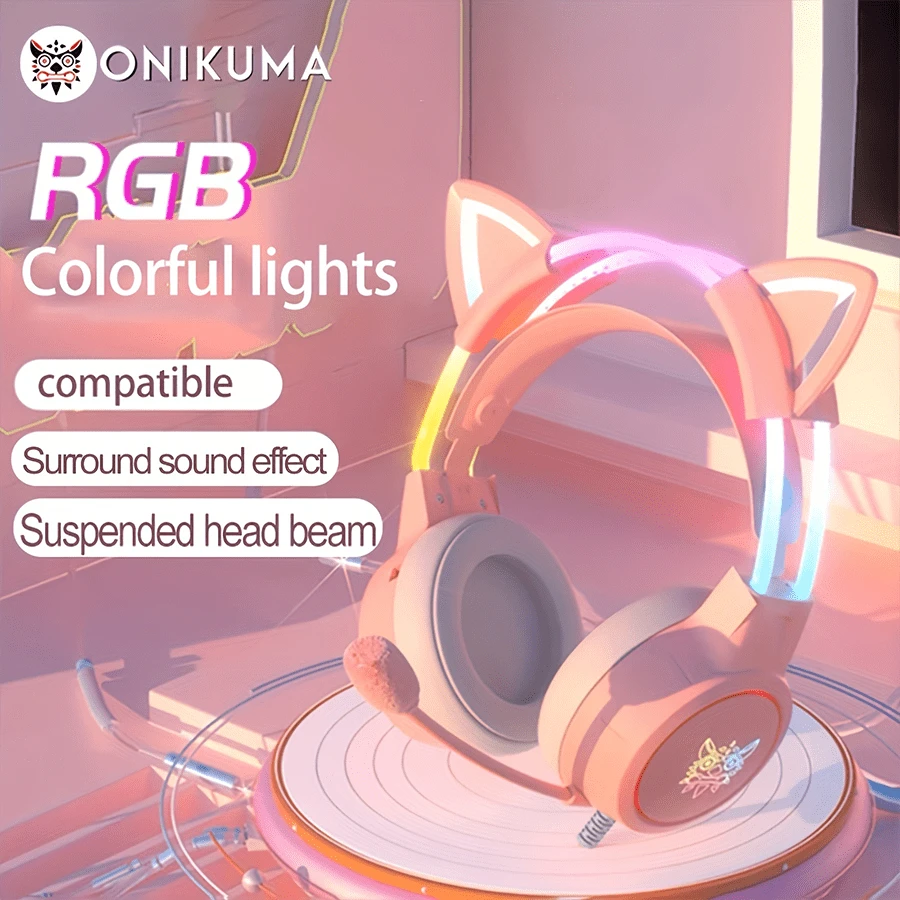 ONIKUMA X15pro Wired Gaming Headset With Cat Ear Design, LED Lighting, Noise Cancelling ...