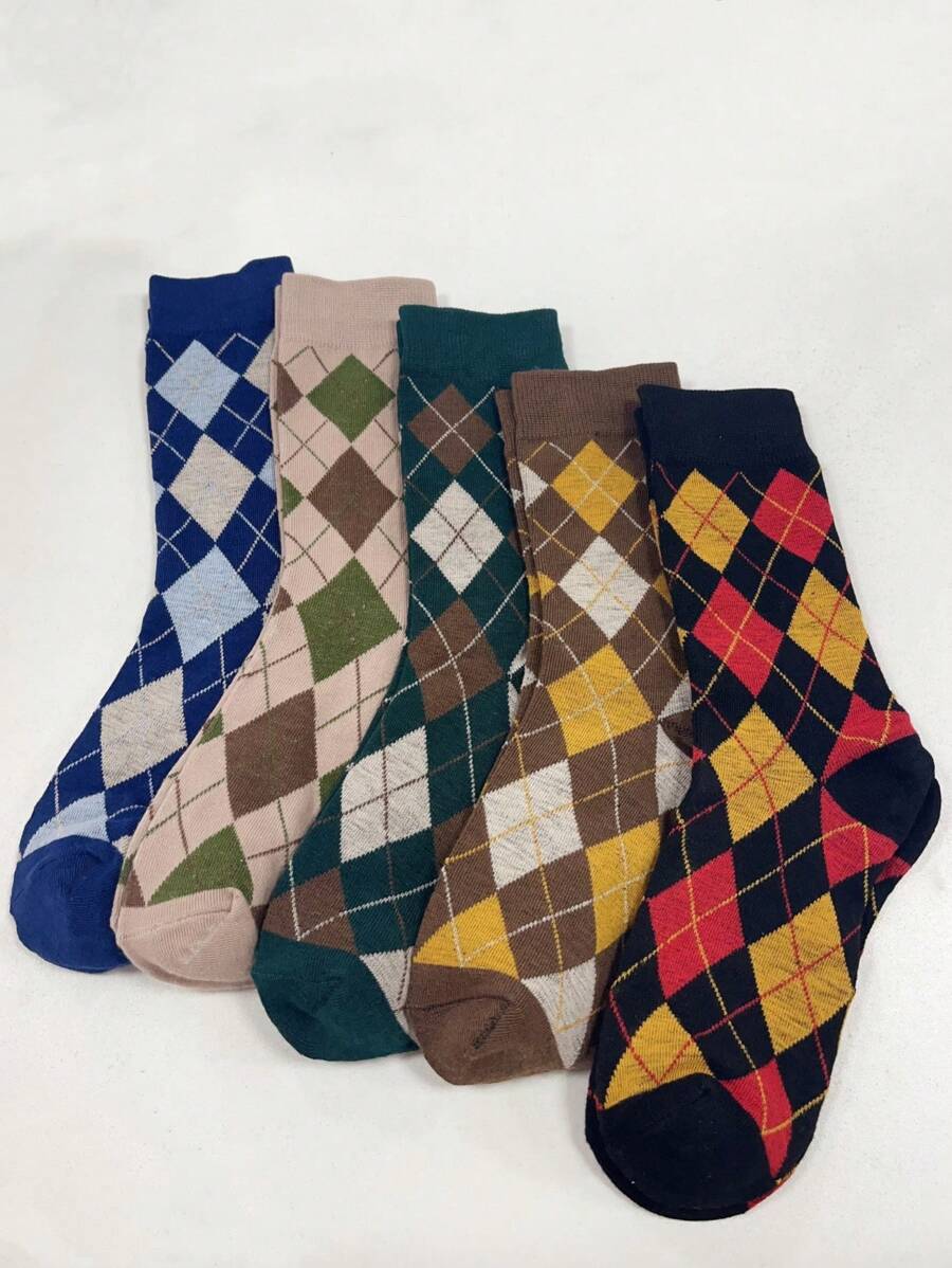 3Pairs Vintage British Style Men's Mid-Calf Socks, Diamond Pattern Dress Socks | SHEIN USA