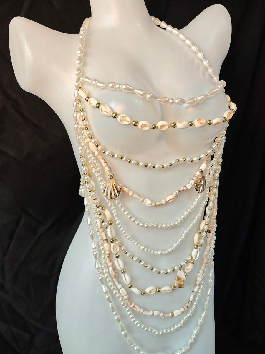 Long Pearl Chain Necklace Bra Sexy Women Beaded Shell Lingerie, Goddess ...