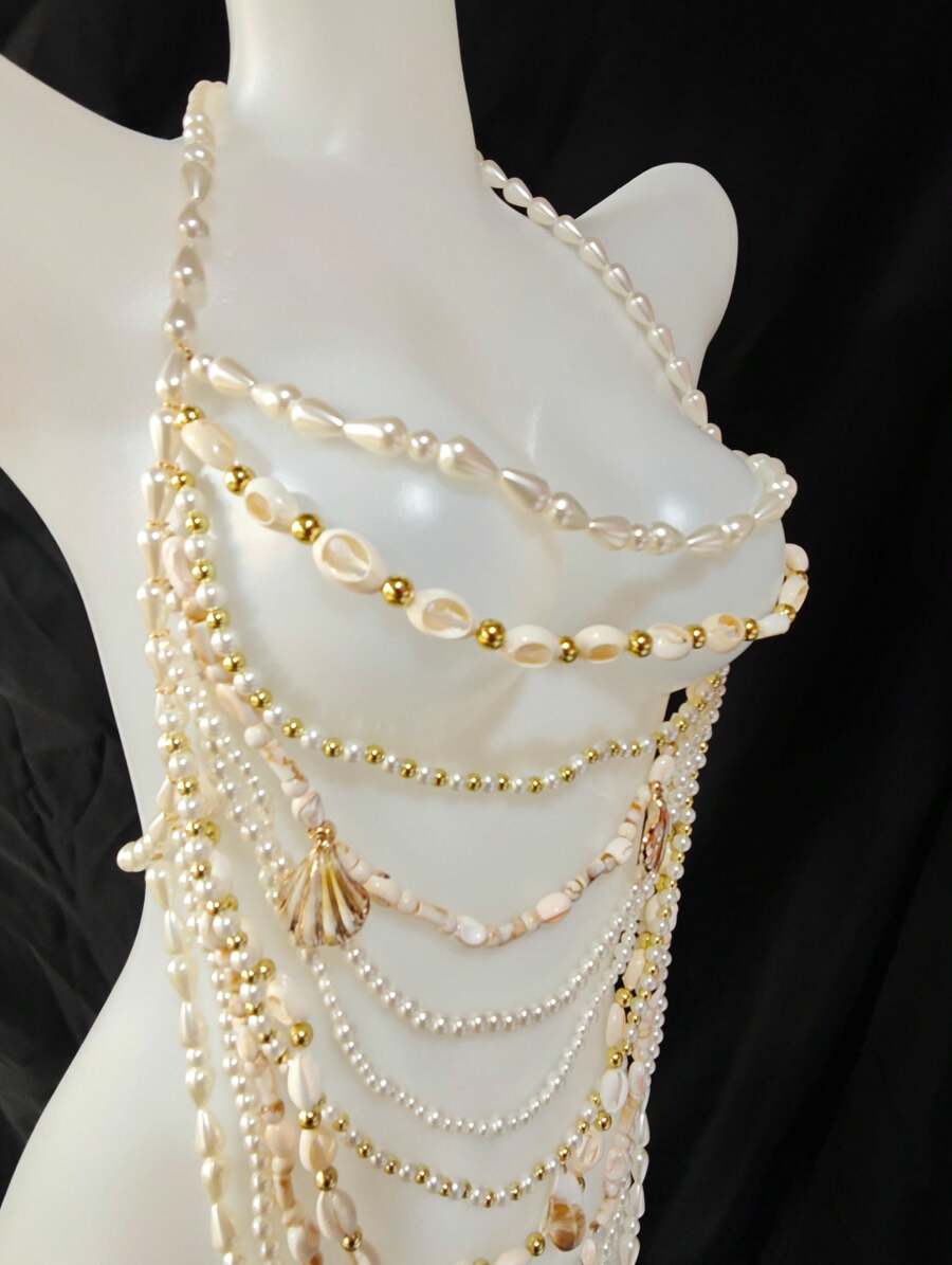 Long Pearl Chain Necklace Bra Sexy Women Beaded Shell Lingerie, Goddess ...