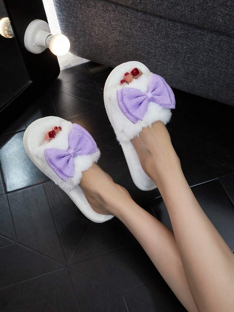 Bow Fuzzy Open Toe Slippers For Women, Slip-On Comfy House Slippers ...