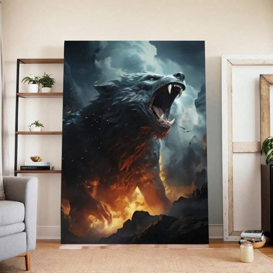 Fierce Wolf Animal Canvas Poster, Ready To Hang Wooden Interior Frame ...