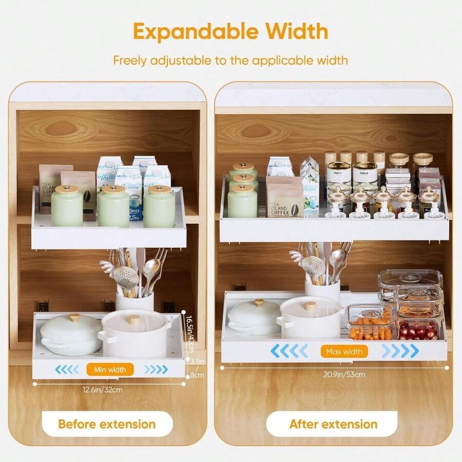 Deluxe 2-Piece Expandable Pull-Out Cabinet Organiser Adhesive Peel And ...