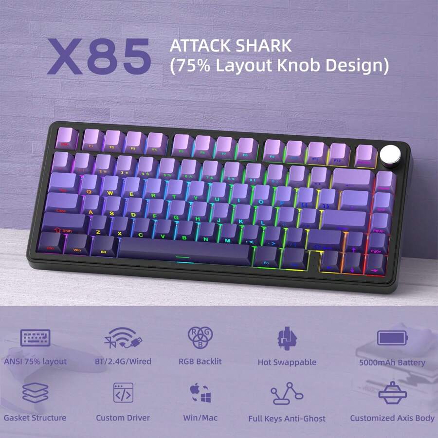 FREEWOLF Attack Shark X85 Wireless Mechanical Keyboard, Bluetooth 5.0/2.4GHz/Wired Gaming ...
