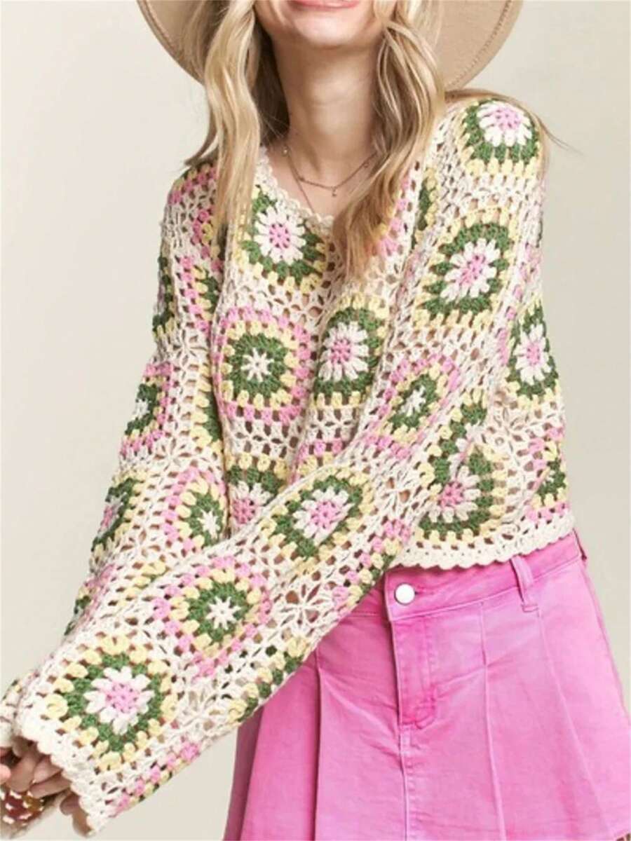Womens Floral Print Crochet Tops Long Sleeve Round Neck Cropped T-Shirt ...