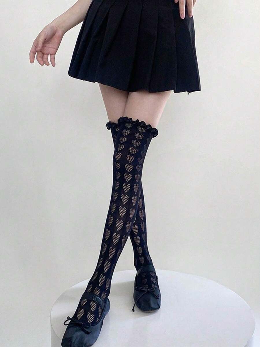 1 Pair Sexy Red Heart Design Over-The-Knee Socks, Satin Trim And Hollow ...