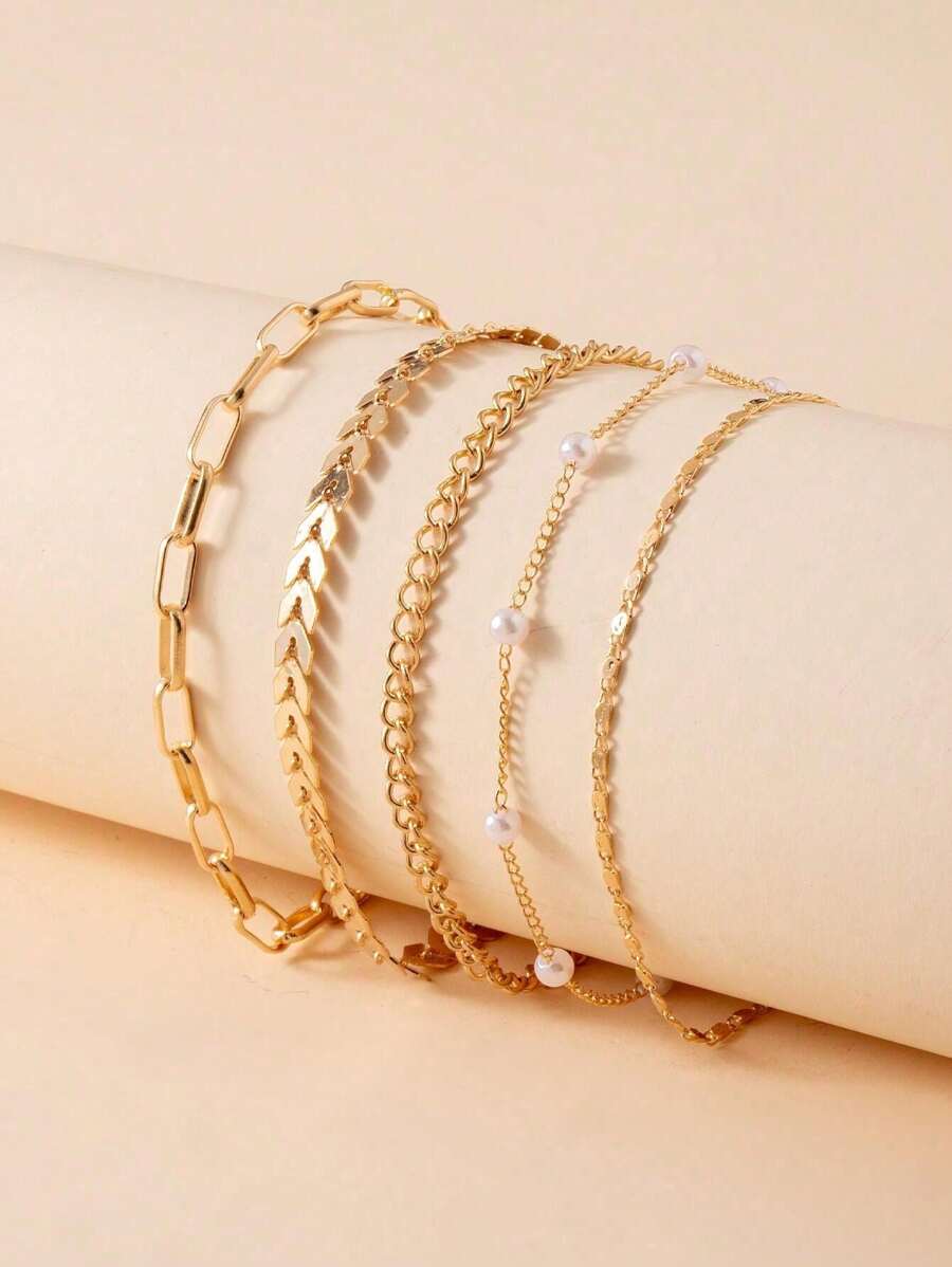 5pcs Simple Style Stackable Thin Chain Anklet Copper Ankle Bracelet Set ...