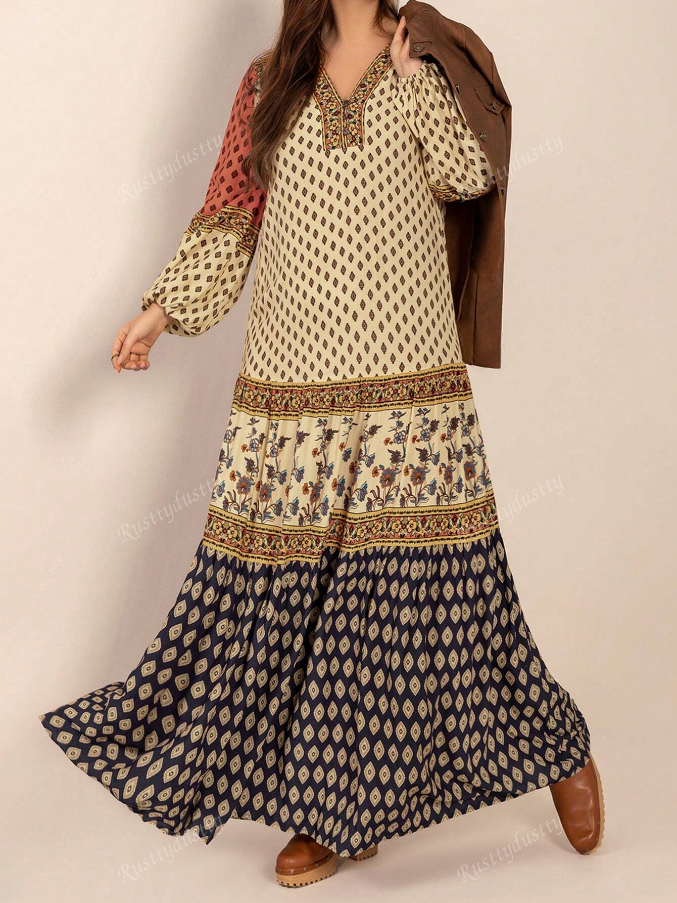 Rusttydustty Bohemian Floral V-Neck Women Long Dresses Summer Party ...