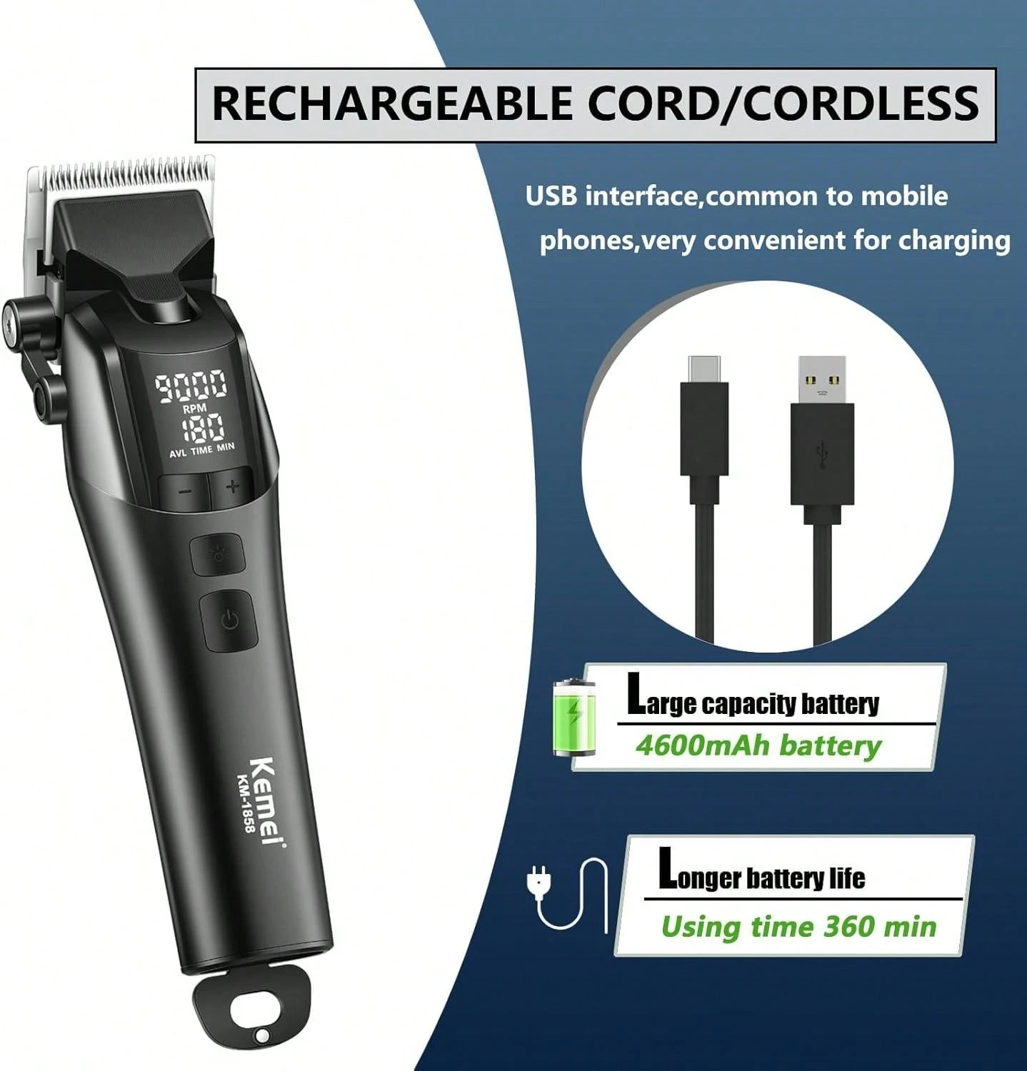 Kemei KEMEI Professional Cordless Hair Clipper Set For Men, Rechargeable Hair And Beard Trimmer ...