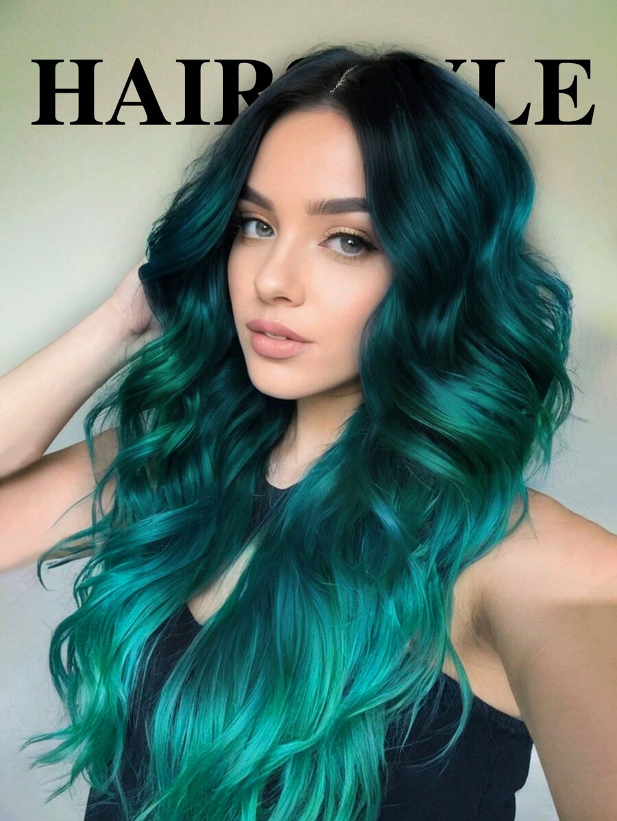 Perucas longas onduladas verdes para mulheres, peruca de cabelo ...