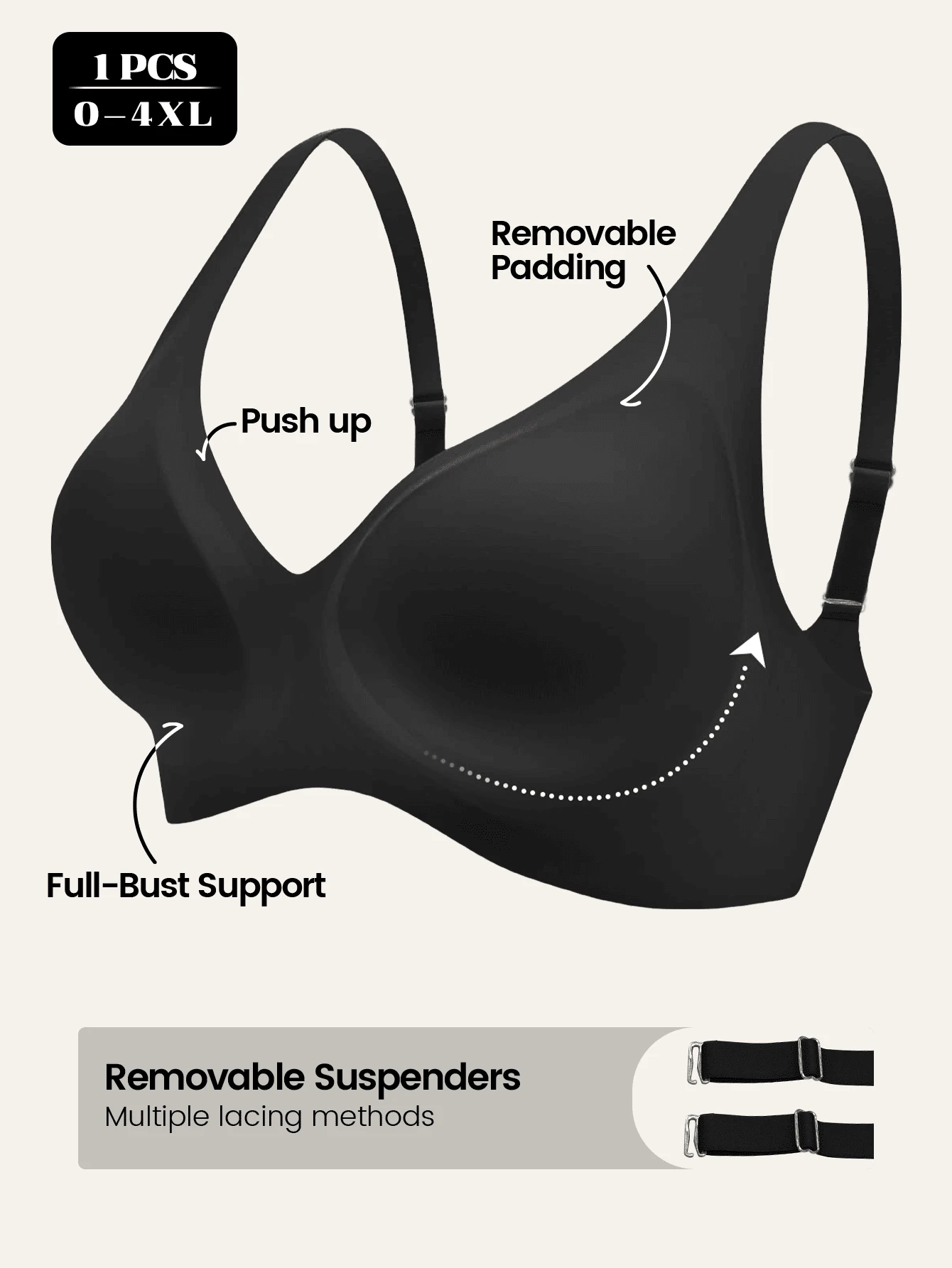 Plus Size Women Seamless Wireless Backless One-Piece Lace Bra With ...