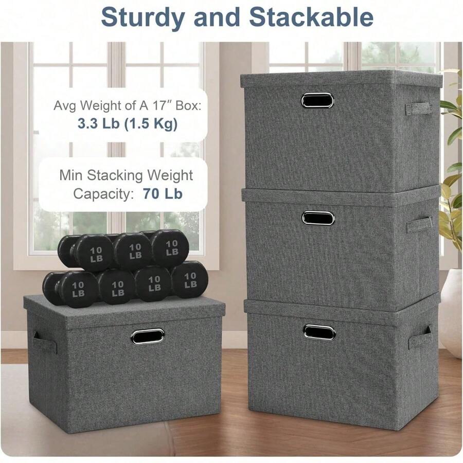 Large 17" 36 Quart Collapsible Stackable Storage Bins With Lids, 5 ...