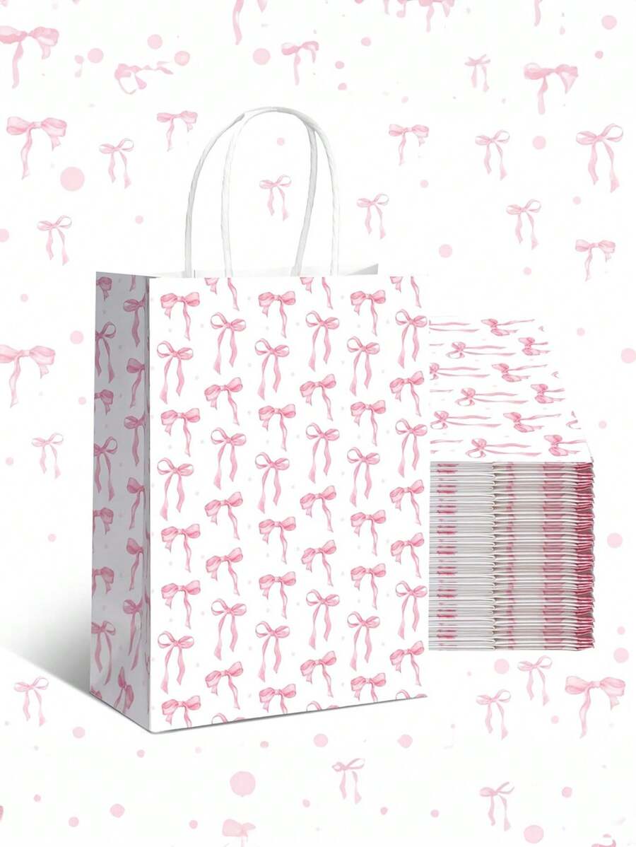 3pcs Pink Bow Paper Gift Bag, Birthday Christmas Party Gift Bag Tote ...