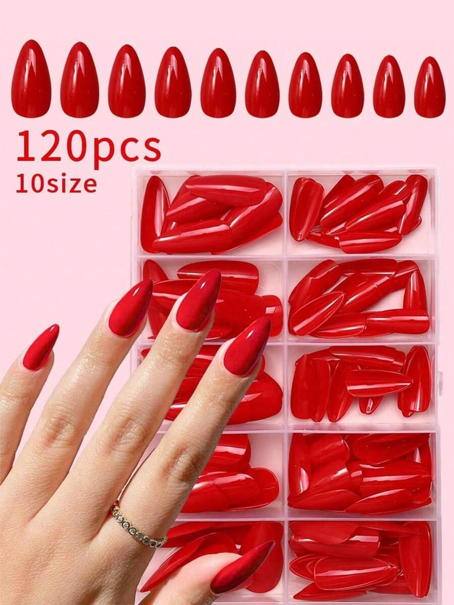 120pcs Red Press On Nails Almond Shape Full Cover Acrylic Fake Nails ...