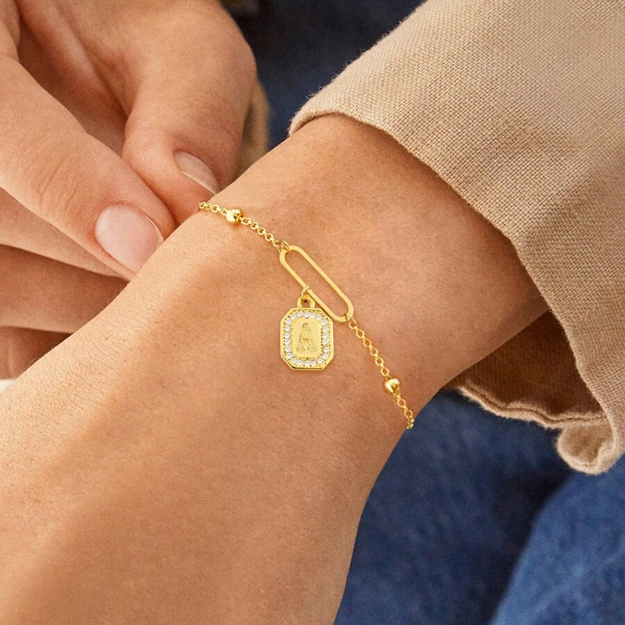 1pc Pave Zirconia Block Initial Hollow Oval Gold Color Stainless Steel ...