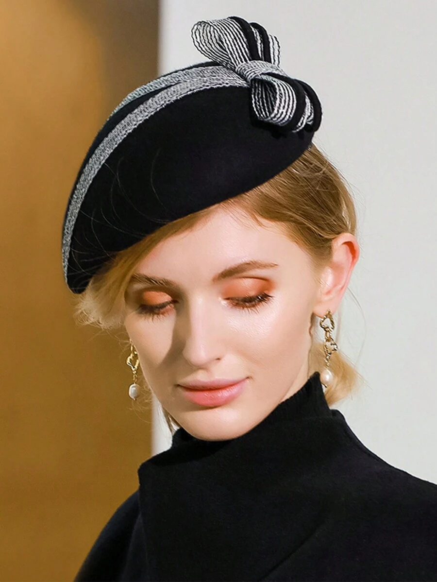HIMESPORT Women's Bow Fascinators Hats Vintage Elegant Wool Felt Black ...