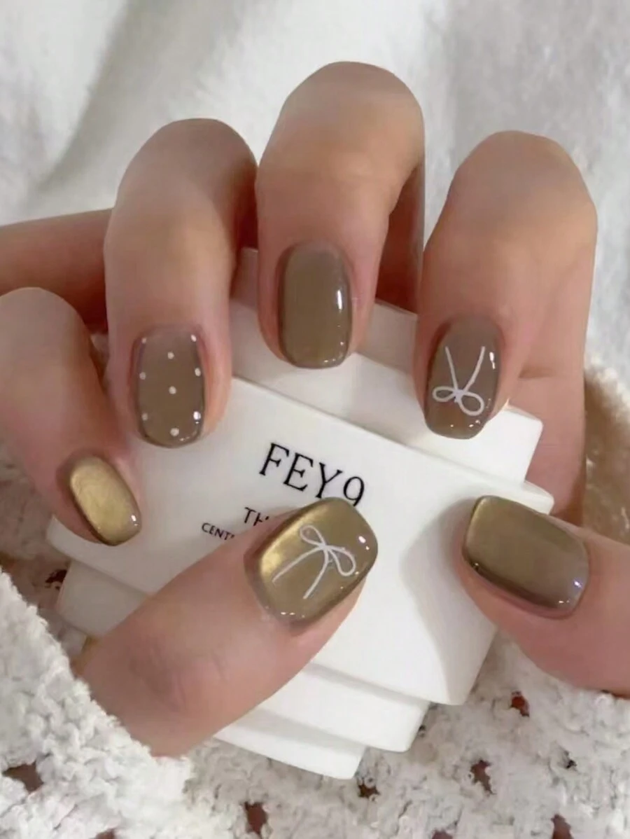 30pcs Short Coffin Shape Beige Line Bow Polka Dot Cat Eye Nail Art Tips ...