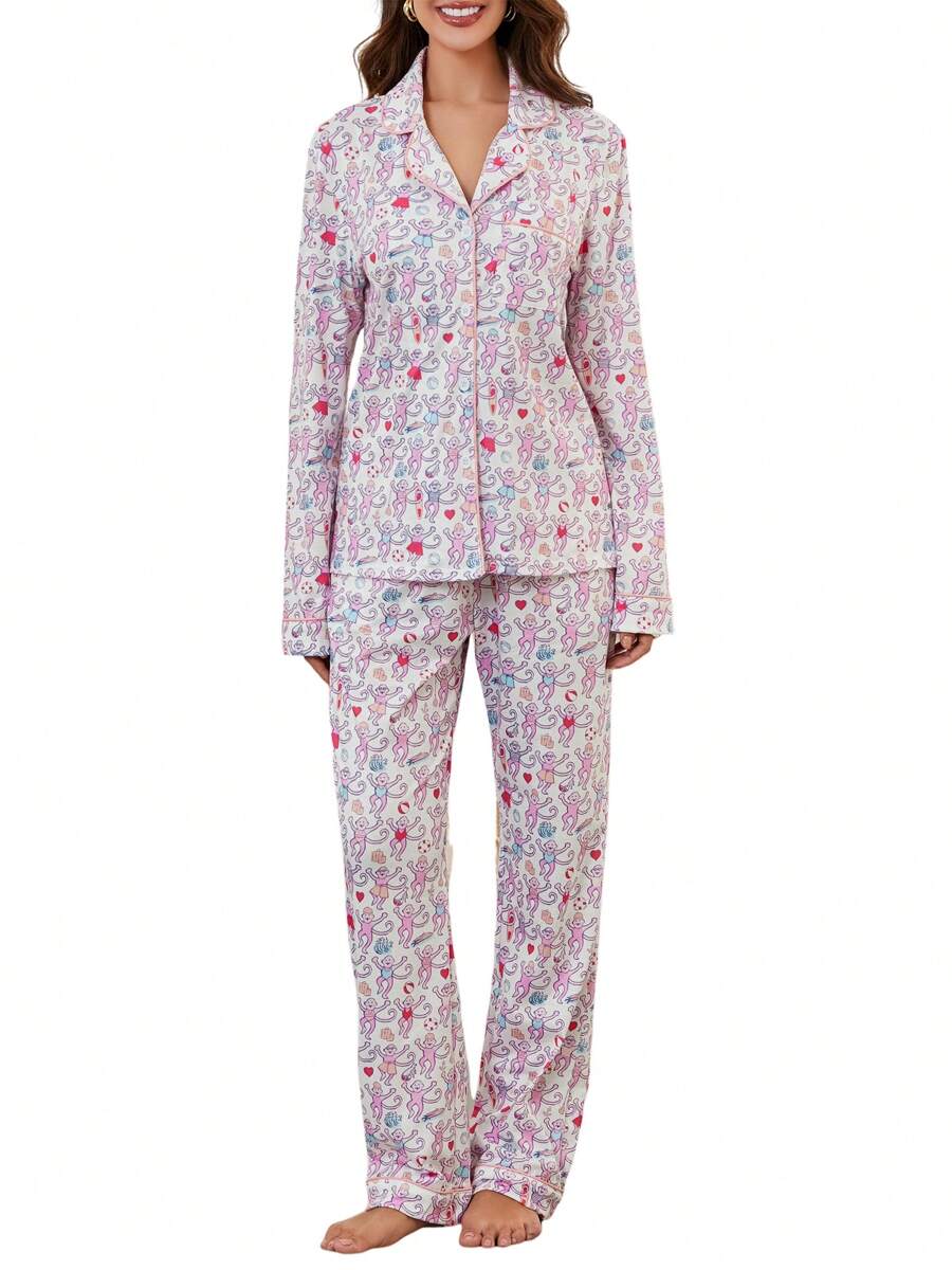 Women Monkey Pajamas Preppy Pjs Cute 2 Piece Floral Pj Pants Set Y2k ...