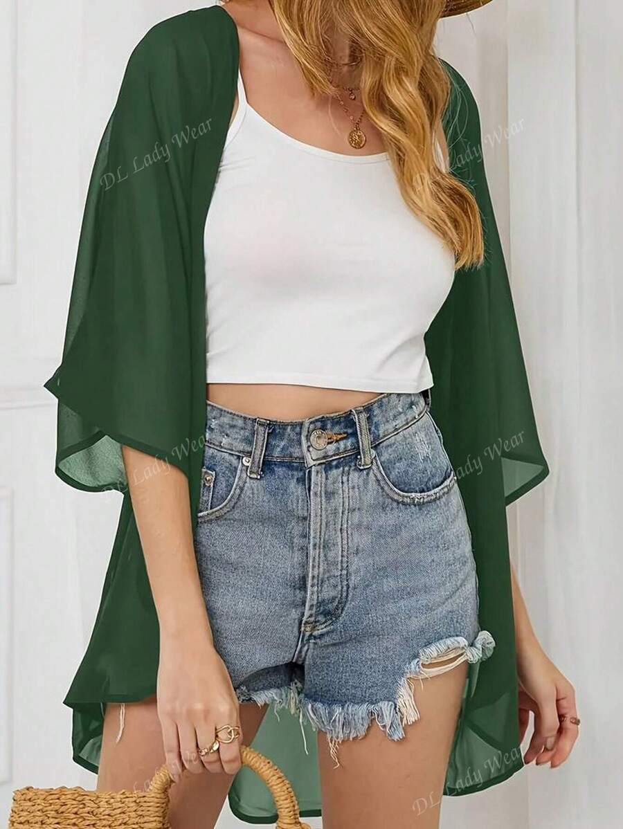 Solid Color Chiffon Blouse Long Women Summer Vacation Beach Cover Up ...