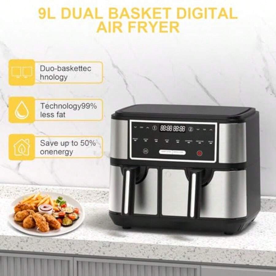 4L 6L Dual Baskets Air Fryer Compact Oven 8-In-1 Oil- Double Zone Cooking Timer Temperature ...
