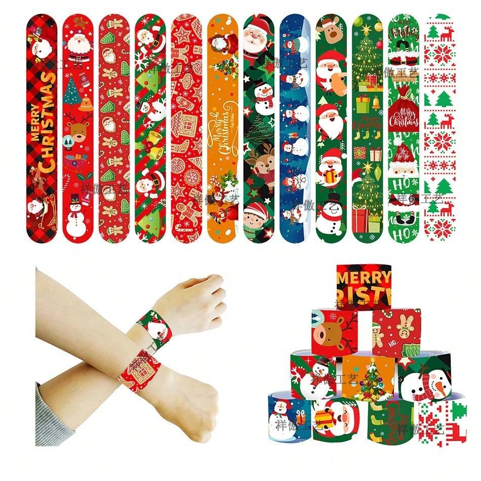 12PCS Christmas Slap Bracelets Gifts Cartoon Santa Claus Snowman Elk ...