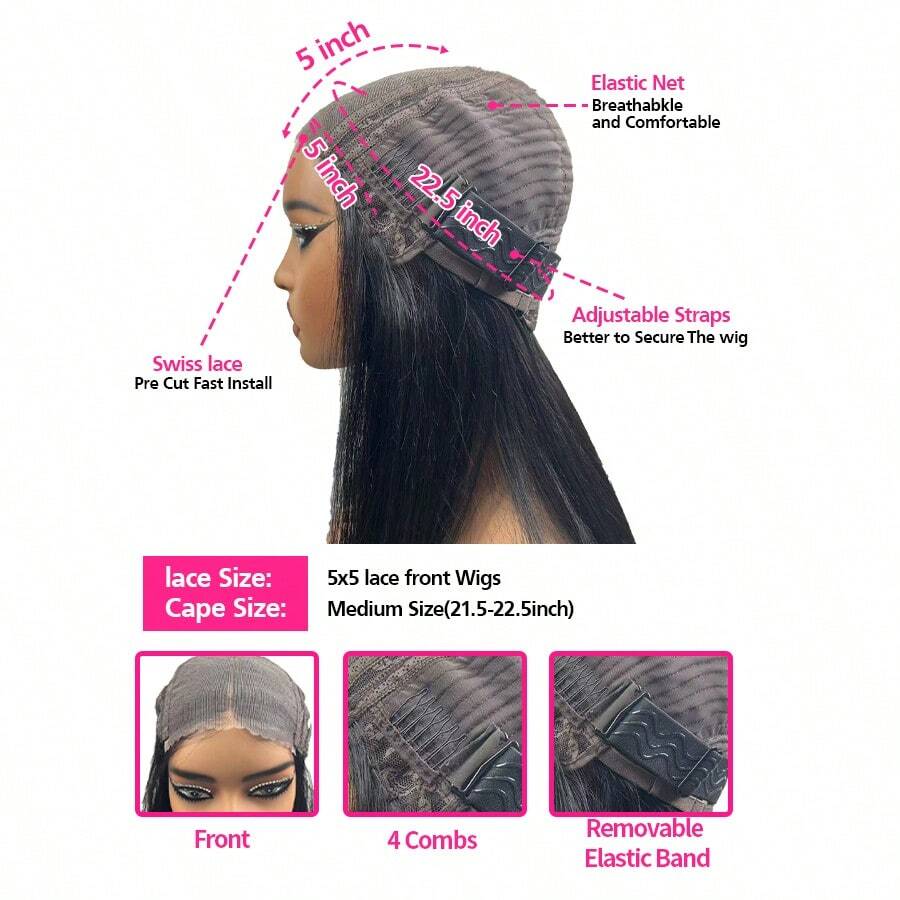 Perruque sans colle 5x5 Fermeture de dentelle Perruque droite en cheveux humains Densité de 250% ...